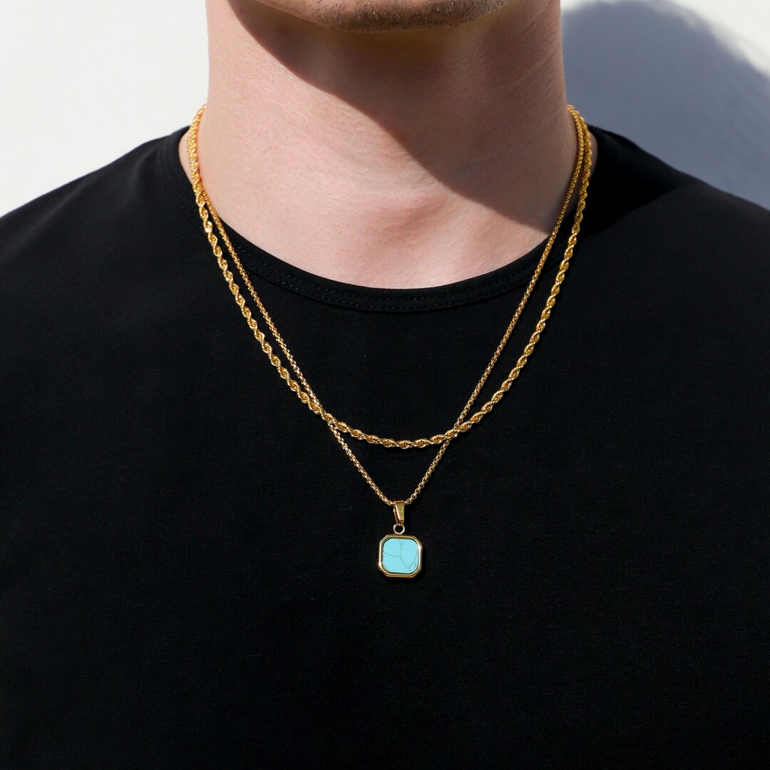 18k Gold Turquoise Stone Pendant Chain Mens Blue Turquoise Necklace ...