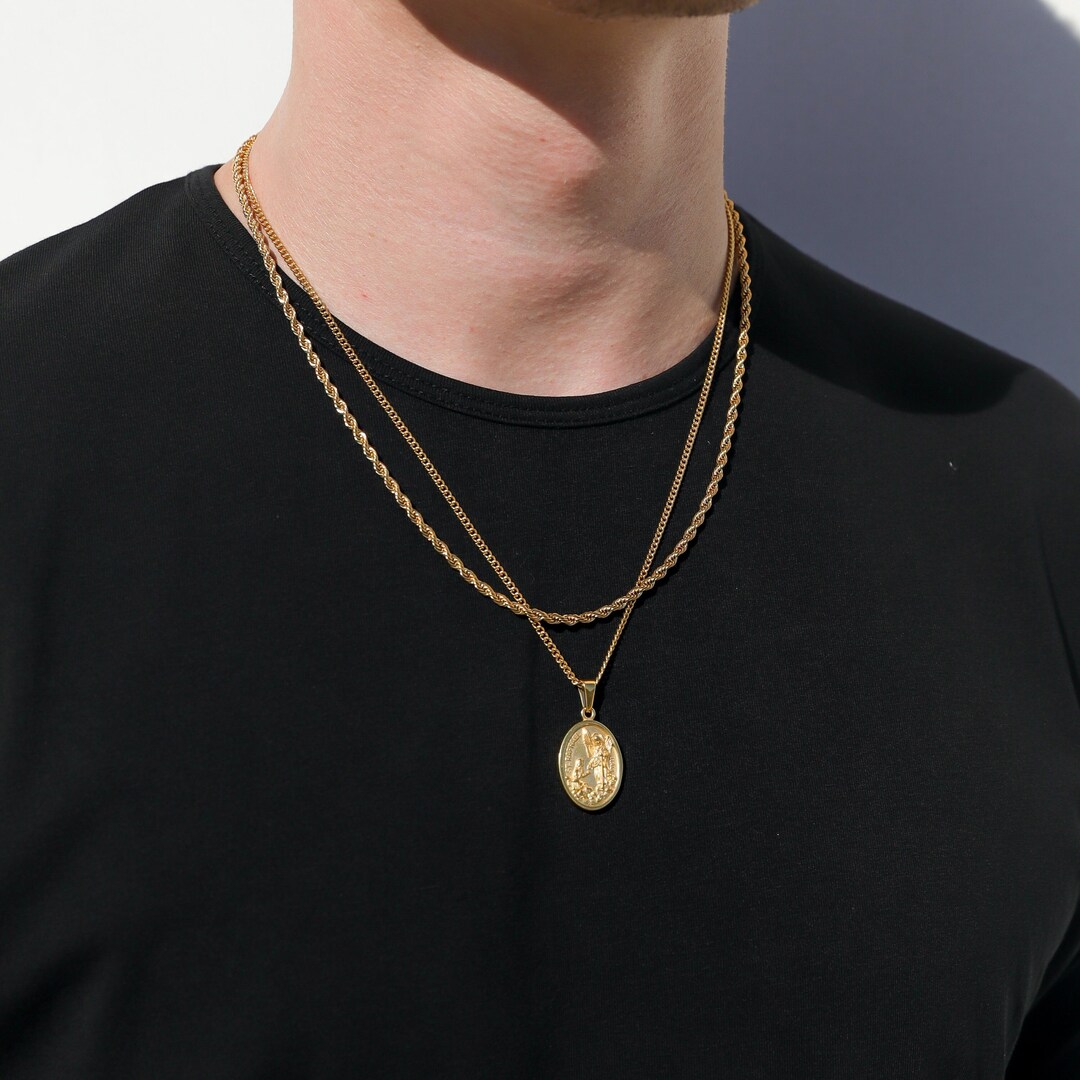 Necklace Set for Men- 18k Gold St Raphael Pendant Rope Chain Saint ...