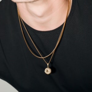 Necklace Set for Men Gold Hammered Compass North Star Pendant Cuban ...
