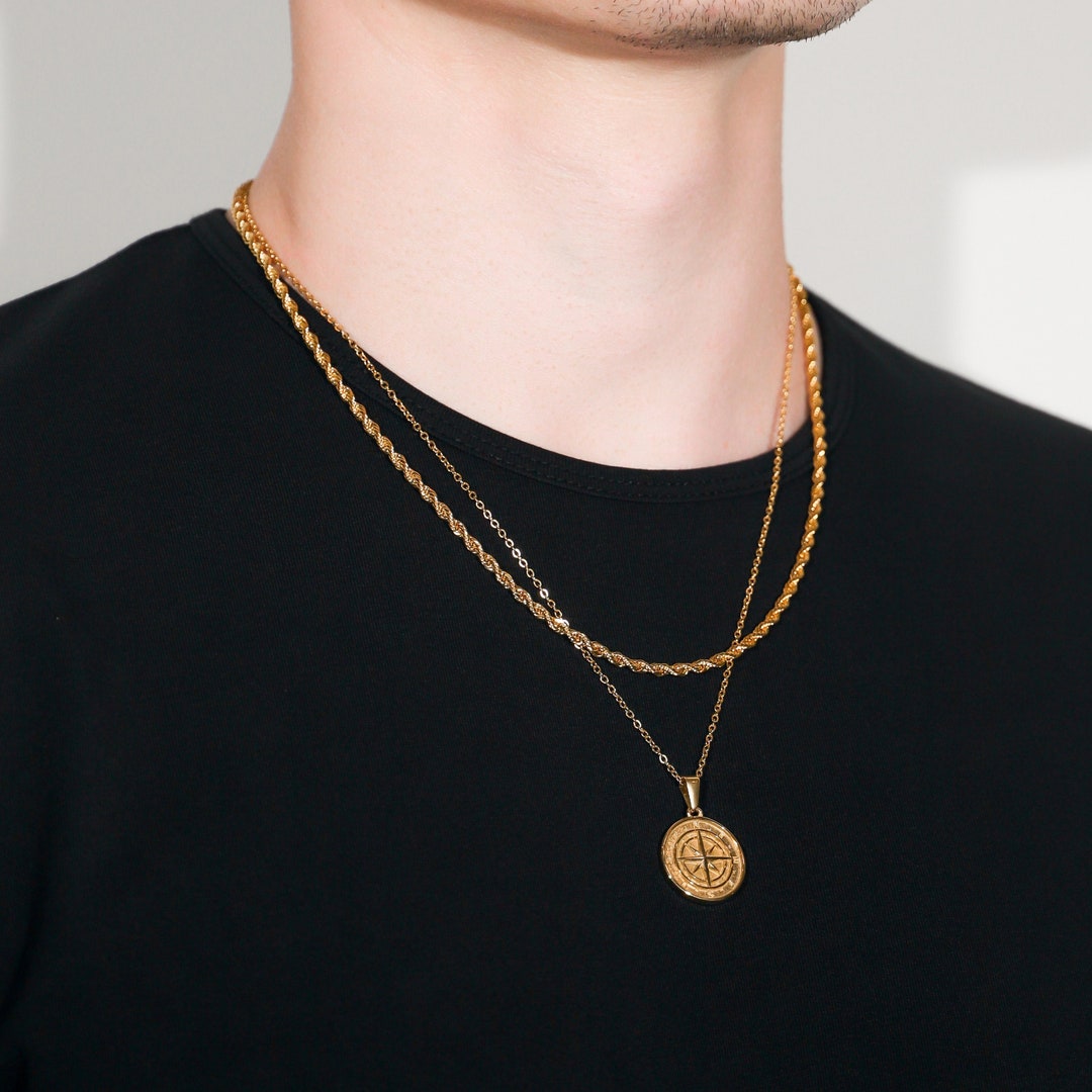 Necklace Set for Men - 18k Gold Compass Pendant North Star Pendant ...