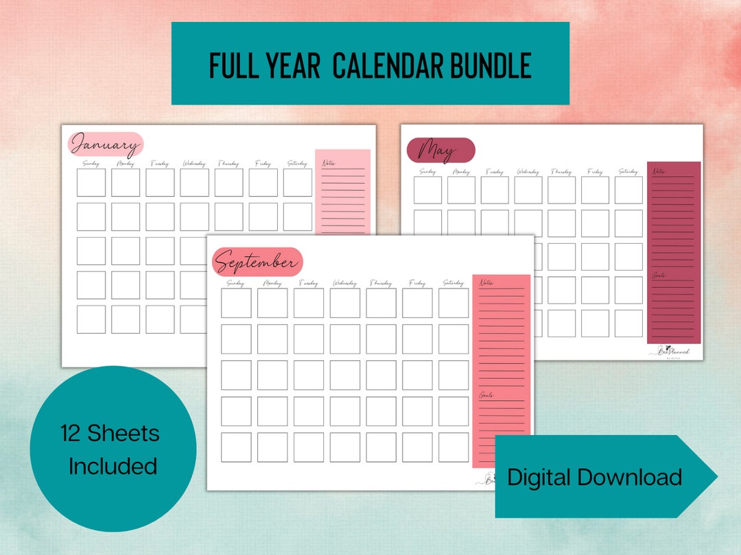 Yearly Calendar, Full 12-months, Personalize Calendar, Printable ...