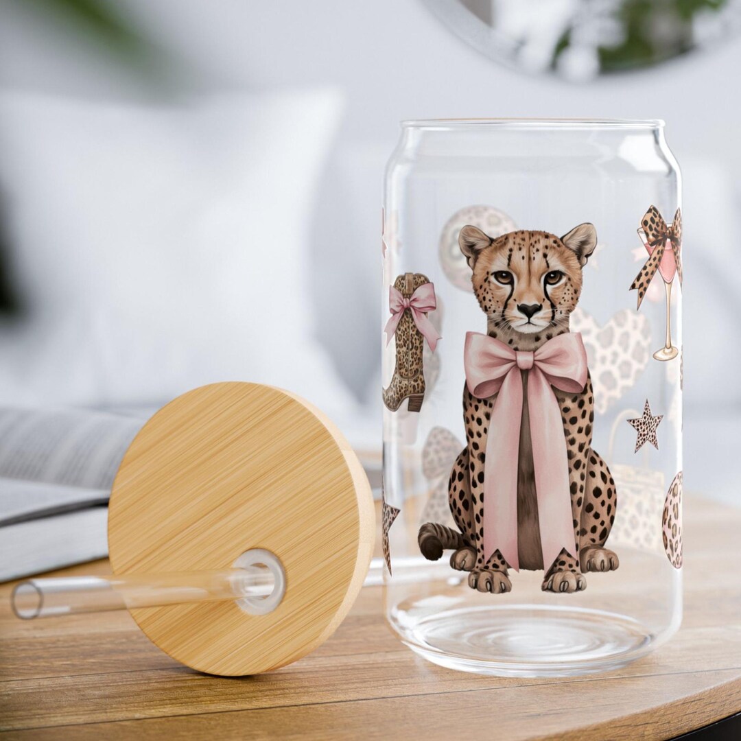 Cheetah Print Glass Can Tumbler With Bamboo Lid, 16oz Iced Coffee Cup ...
