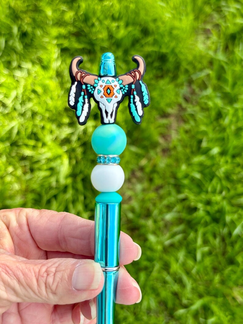 Refillable Beaded Longhorn With Feathers Pen Country Girl Aztec Pen ...