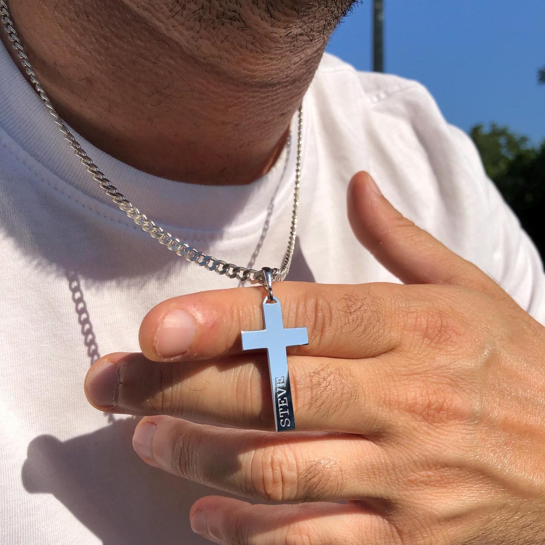 Sterling Silver Cross Necklace for Men: Personalized Curb Chain - Etsy