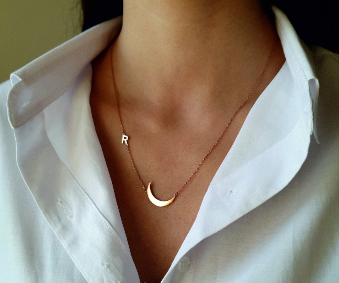Sterling Silver Crescent Moon Initial Necklace: Personalized Jewelry ...