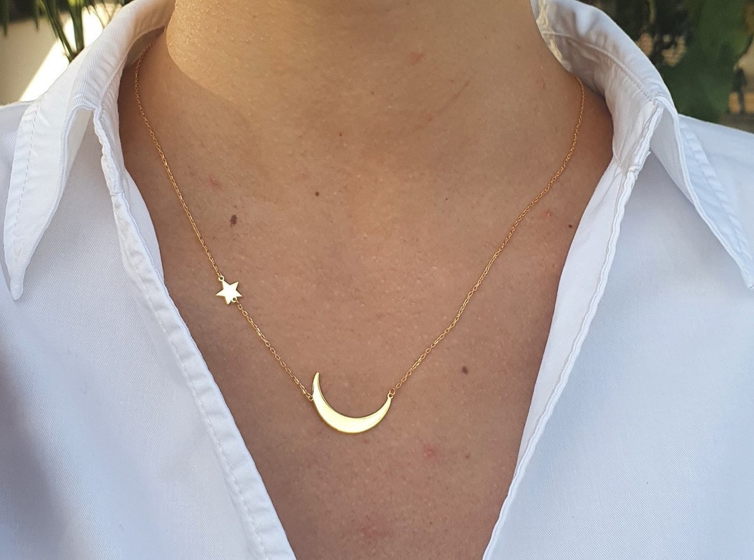 Half Moon Necklace - Gold Luna Pendant With Star - Gift for Her - Etsy
