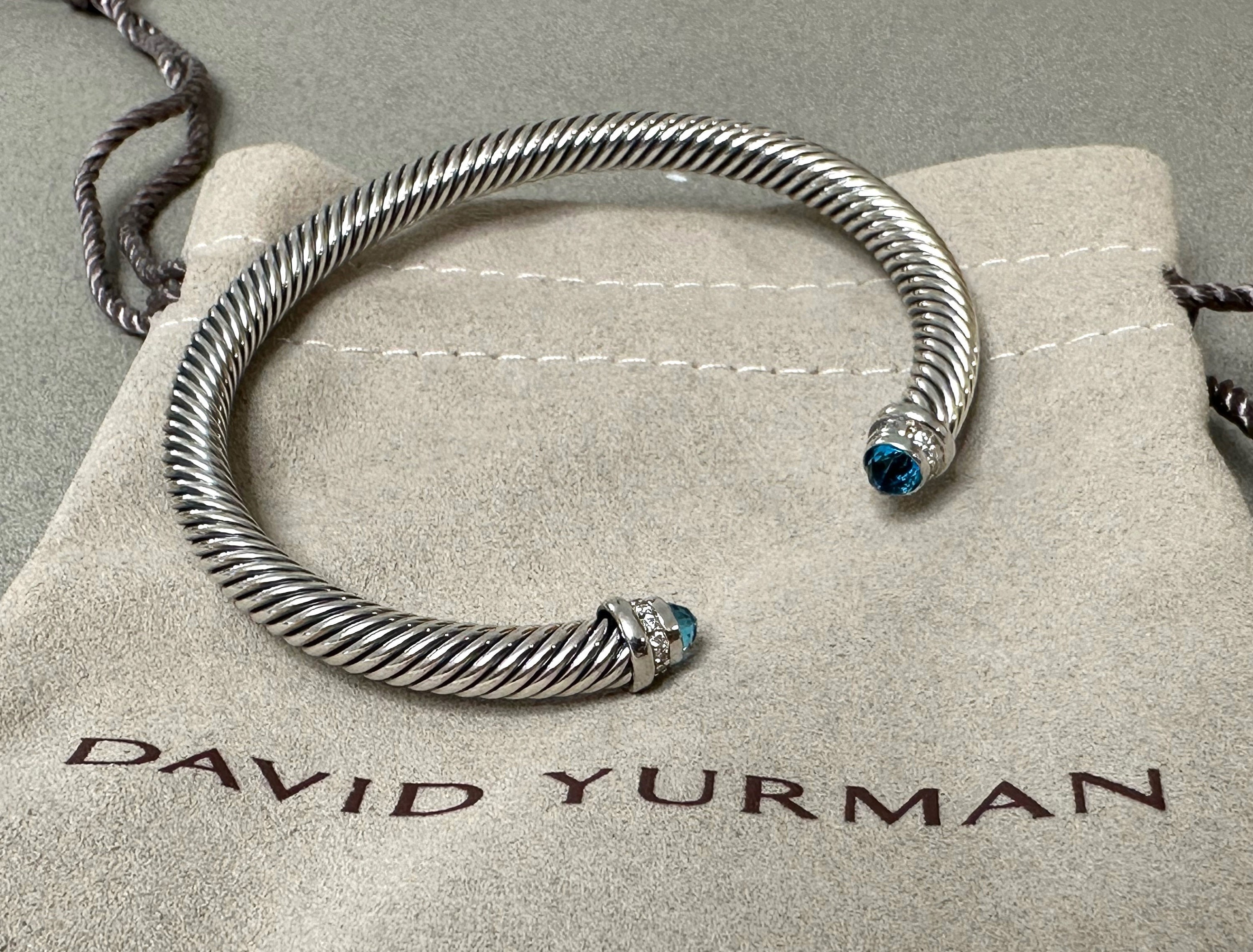 David Yurman Sterling Silver 5mm Cable Bracelet Blue Topaz & Diamonds ...
