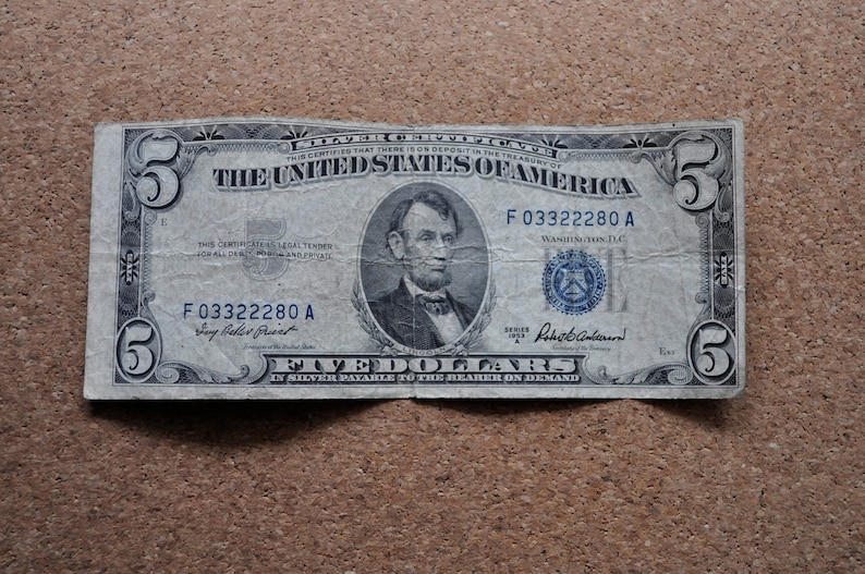 1953 Blue Seal 5 Dollar Bill 1953 Five Dollar Silver Etsy