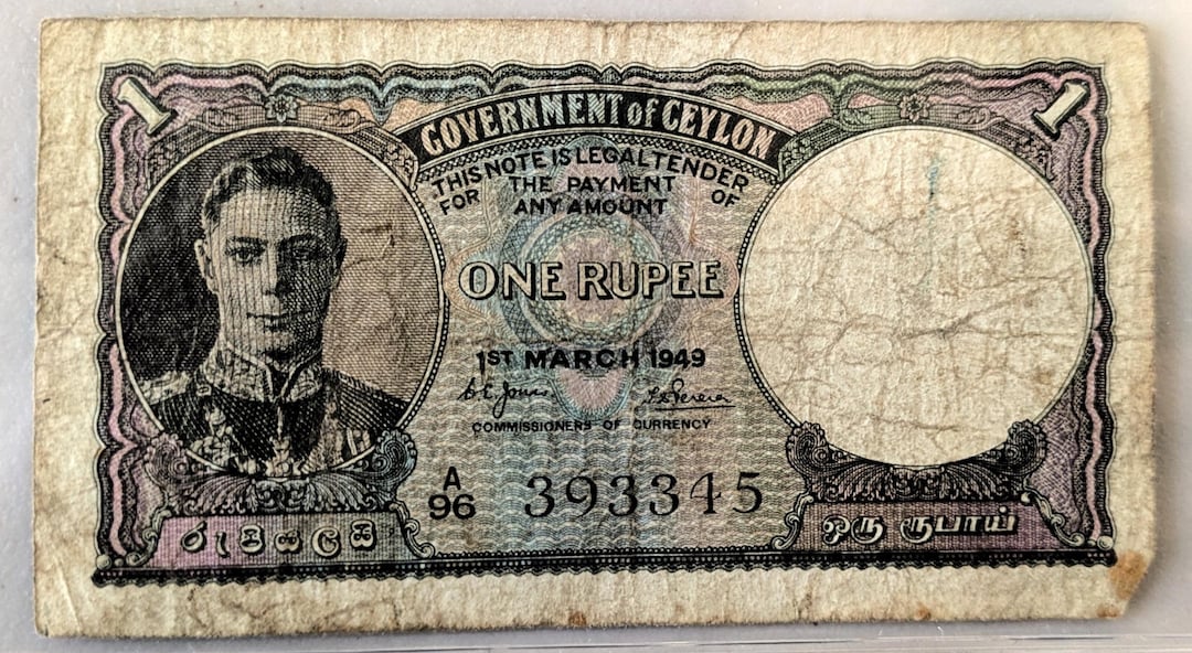 1949 Government of Ceylon 1 Rupee Note - King George VI Issue - Sri ...