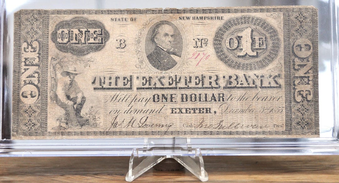 1855 the Exeter Bank 1 Dollar Obsolete Note - Exeter New Hampshire ...