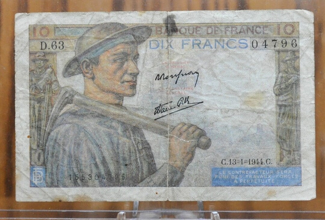 1944 France 10 Franc Banknote - Miner Type, 13-1-1944 - Banque De ...