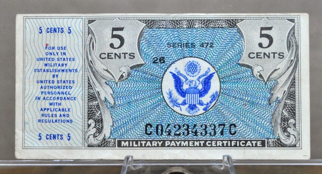 1948 5 Cent US Military Payment Certificate Note - Series 472 - 1948-51 ...