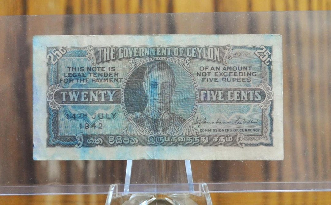 1942 Government of Ceylon 25 Cents Note - WWII Era, King George VI Note ...