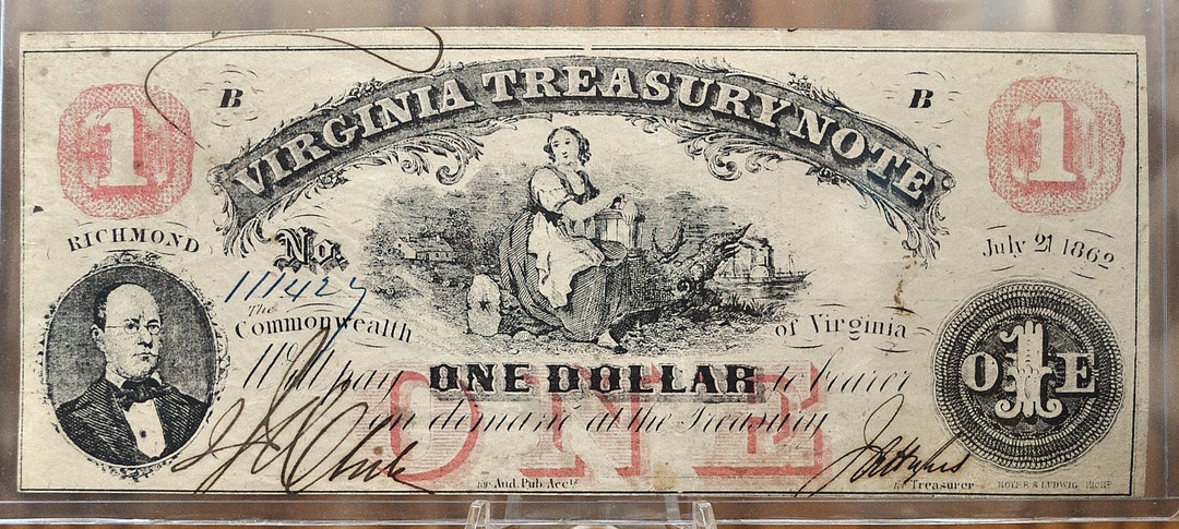 1862 Virginia Treasury Note 1 Dollar Obsolete Banknote - Virginia ...