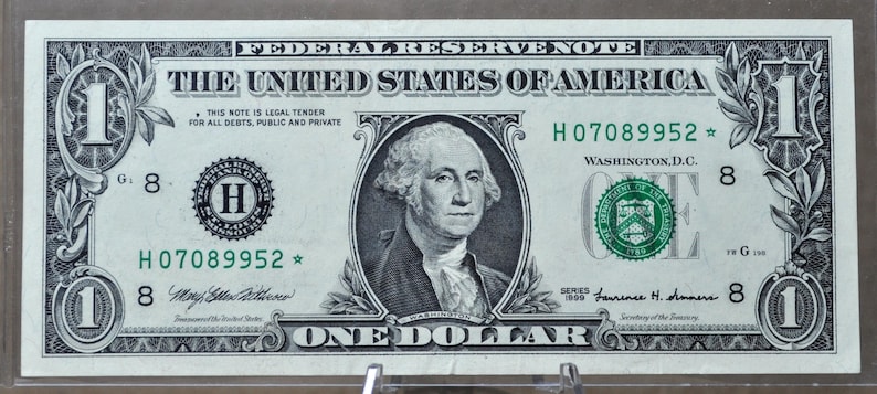 1999 Federal Reserve 1 Dollar Fancy Serial STAR Note - (H) St. Louis ...