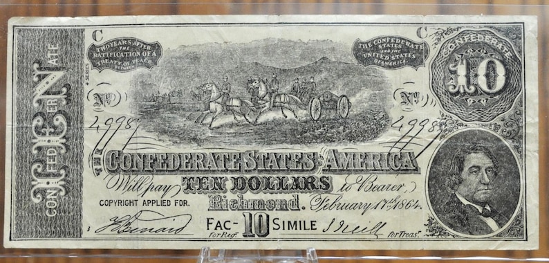1960's Facsimile 1864 Confederate States of America 10 Dollar Bill Ad ...