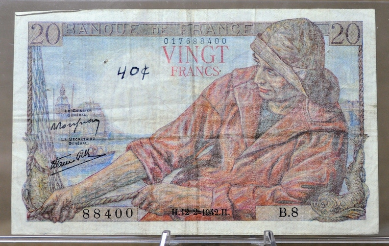 1942 Bank of France 20 Franc Banknote - Fisherman Type, 12-2-1942- WW2 ...