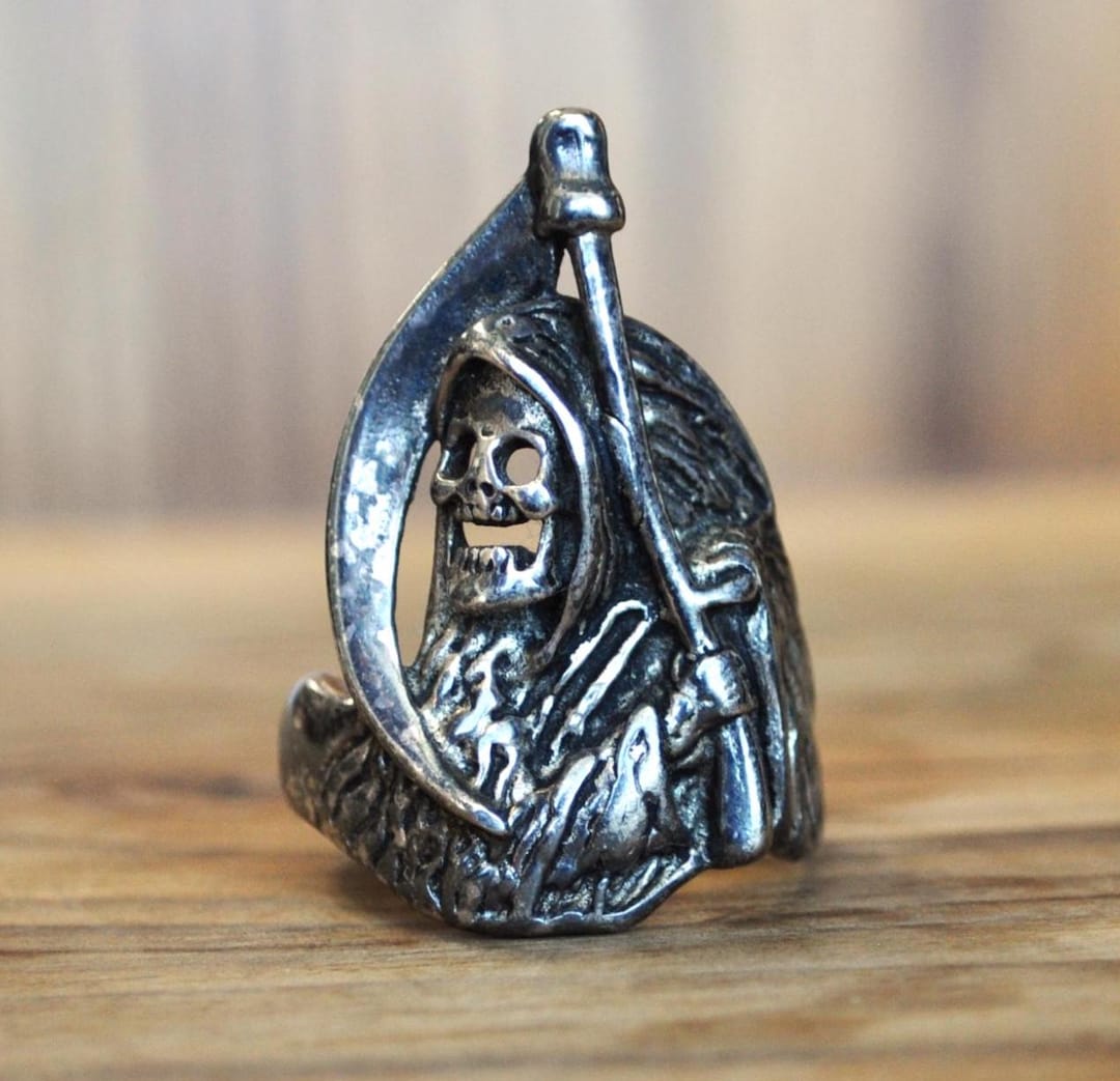 Vintage 1985 G&S Grim Reaper Ring - Size 11.5 - Biker Ring - G and S Signed Silver Grim Reaper ...