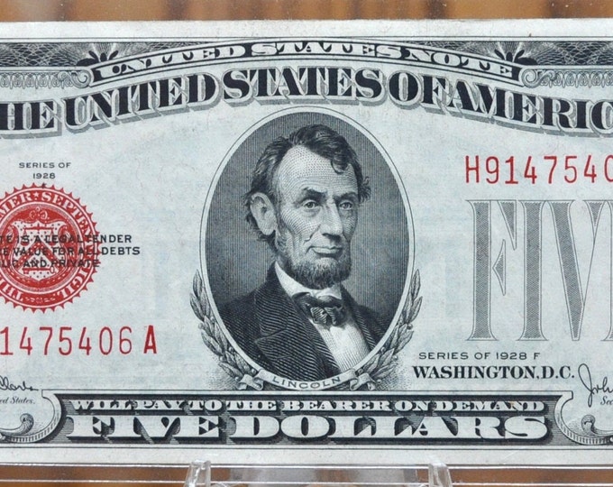 5 Dollar 1928 Cherry Red Seal Legal Tender United States Note Old US ...
