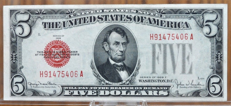 1928 5 Dollar Us Note Red Seal - Choose by Grade / Condition - 1928 ...
