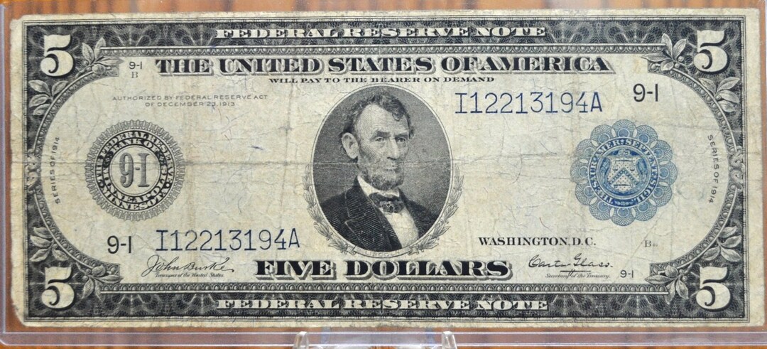 1914 5 Dollar Federal Reserve Note Large Size Fr877 - VG+ - San Francisco 1914 Five Dollar Bill ...