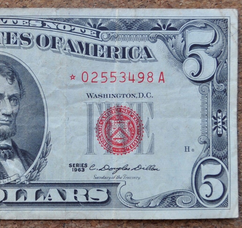 1963 Red Seal 5 Dollar Bill Star Note / Five Dollar Bill Star - Etsy