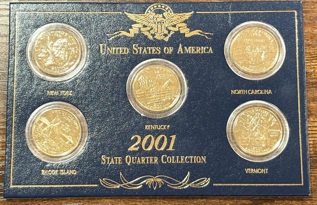 2001 Five Coin Set 24K D & P Mint - Five Quarter Set 24K Gold Plated D ...