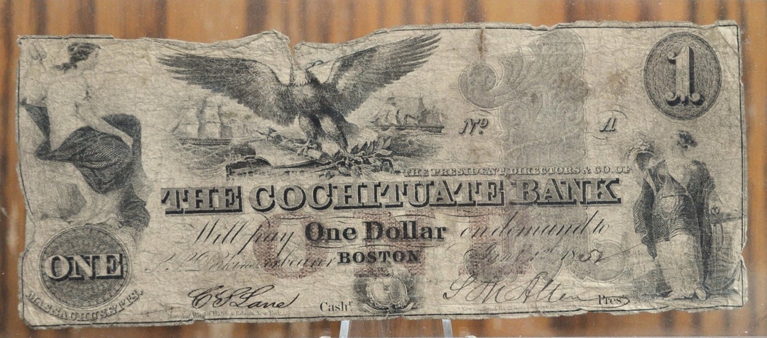 1852 Cochituate Bank 1 Dollar Banknote - Massachusetts Obsolete ...