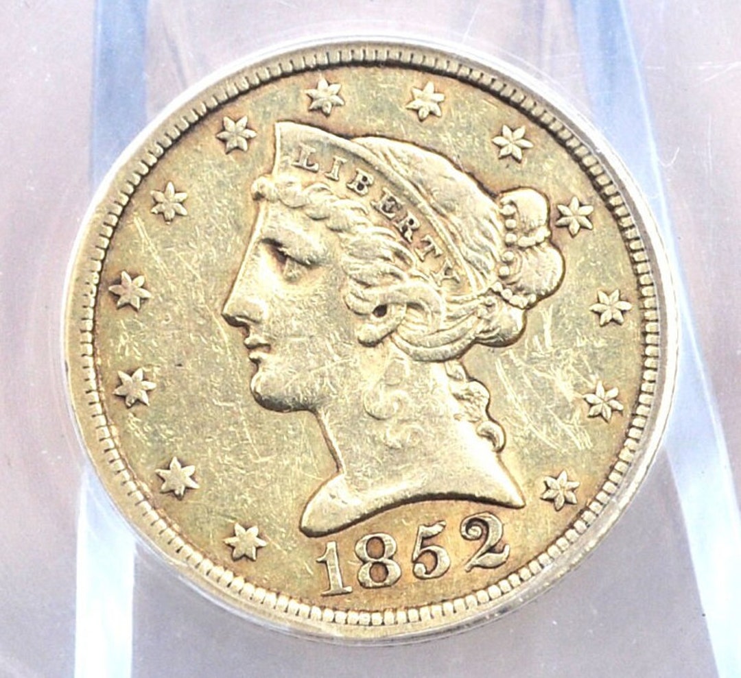 1852 Liberty Head 5 Dollar Gold Coin, 1852 Half Eagle XF45 Details, ANACS Five Dollar 1852 ...