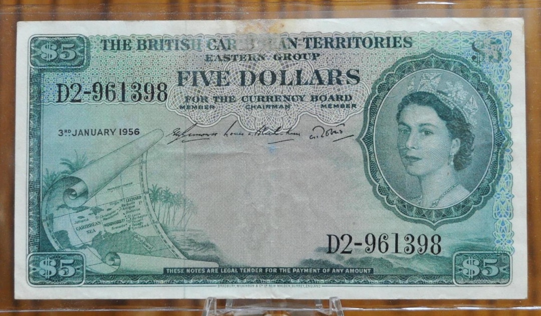 RARE 1956 British Caribbean Territories 5 Dollar Note - Queen Watermark ...
