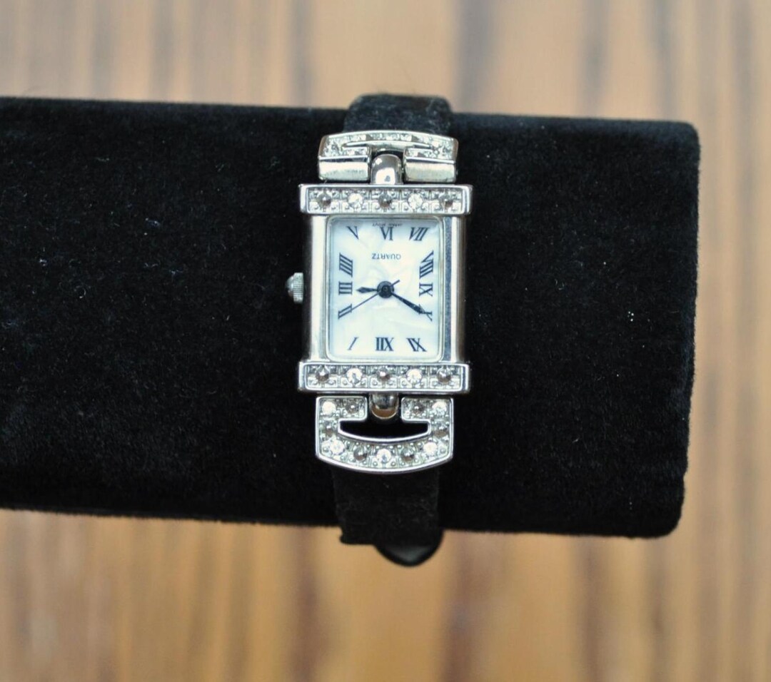 Vintage Avon Analog Quartz Velvet Band Wristwatch - Art Deco Rhinestone ...