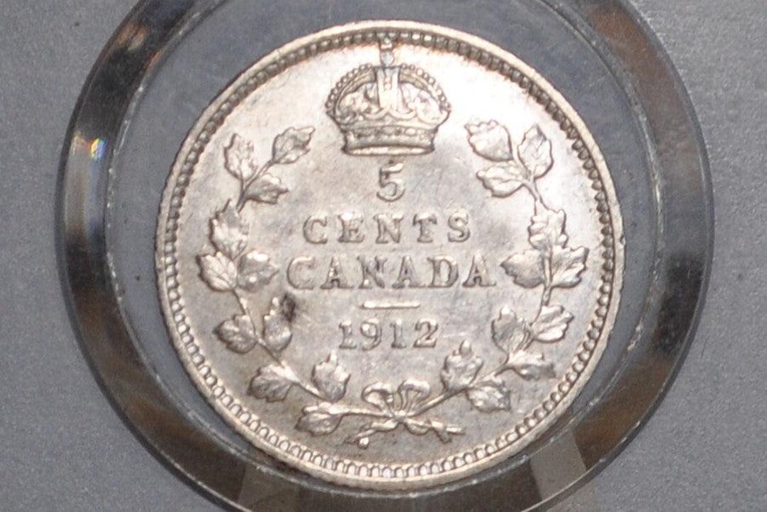 1912 Canadian Silver 5 Cent Coin - AU (about Unc.) Condition - King ...