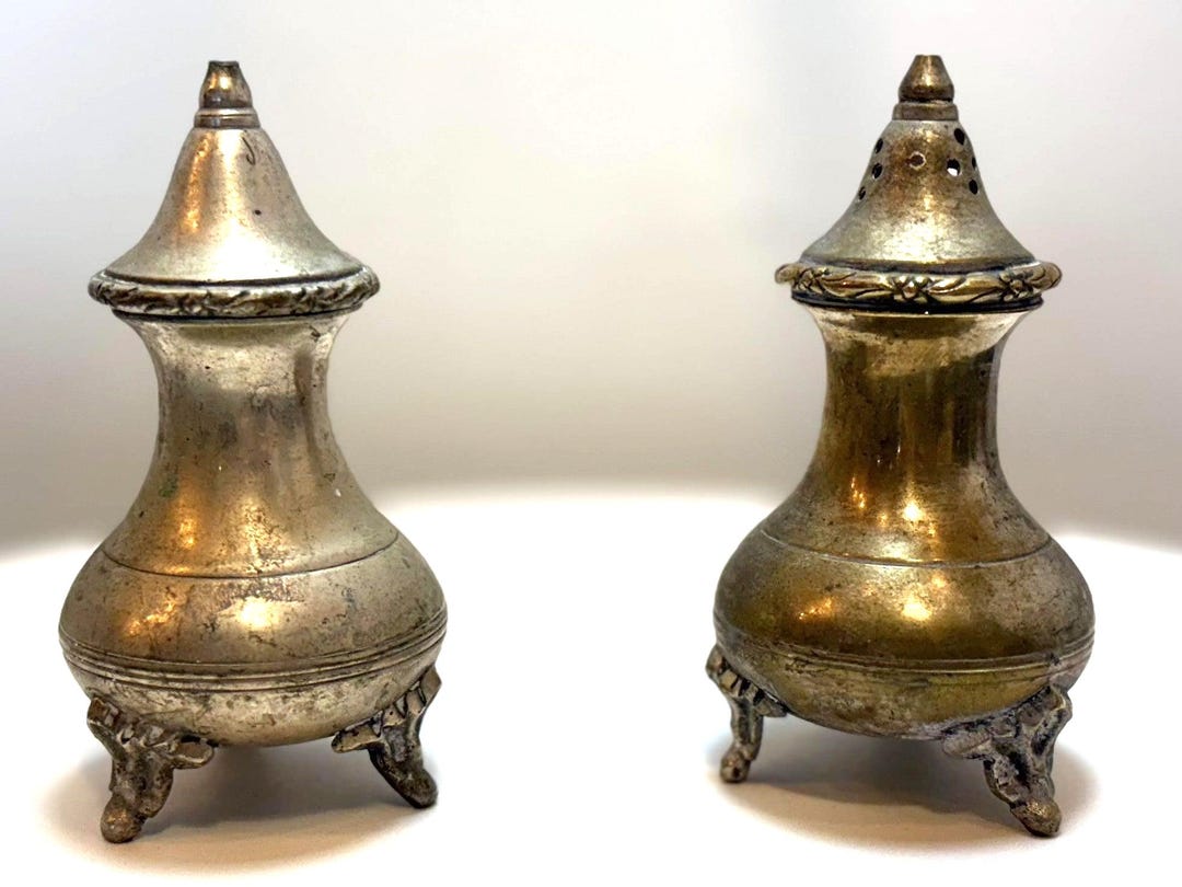 Gothic Style Three-legged Salt and Pepper Set, Silver Plate - Ornate ...