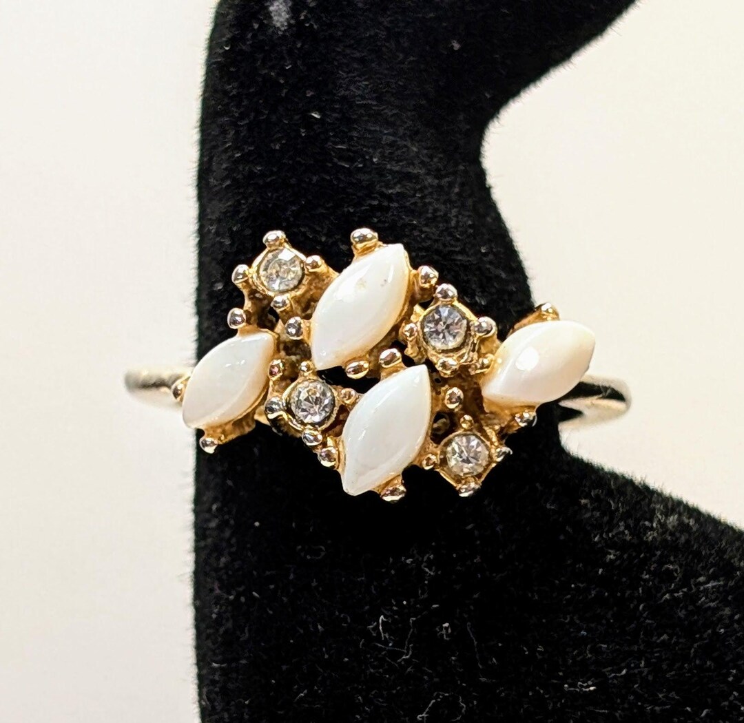 Elegant 1960s Uncas Gold Toned Opal and Rhinestone Ring - Size 7 ...