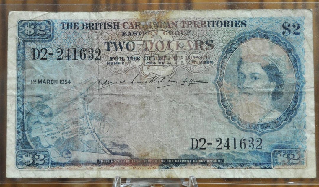 1954 British Caribbean Territories 2 Dollar Note - Blue Issue, Prefix ...