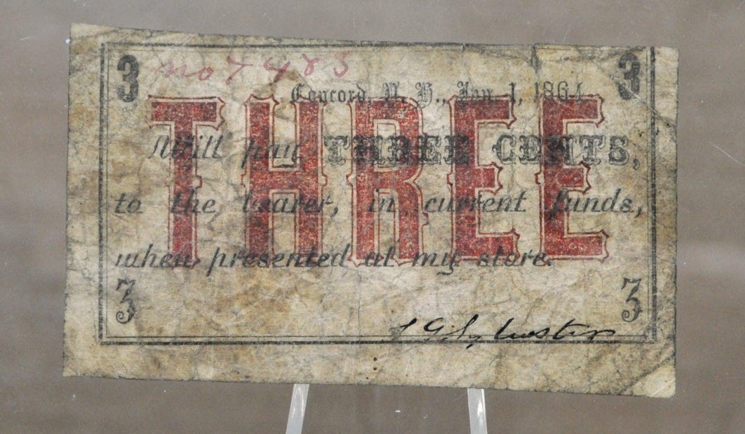 1864 Concord NH S. G. Sylvester 3 Cents Scrip - Uppercase Three Type ...