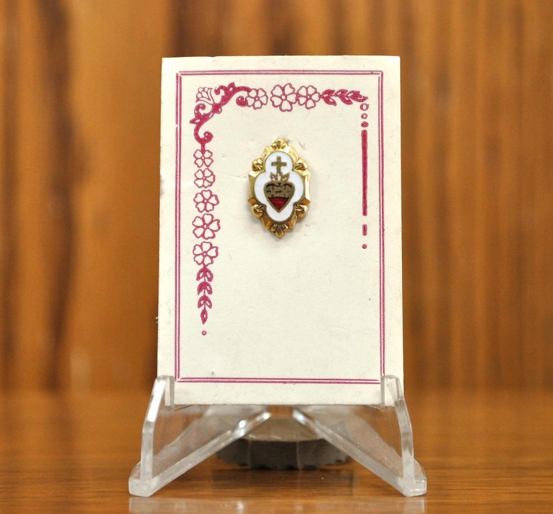 Vintage Gold-toned Catholic Sacred Heart Enamel Pin - Never Used, With ...