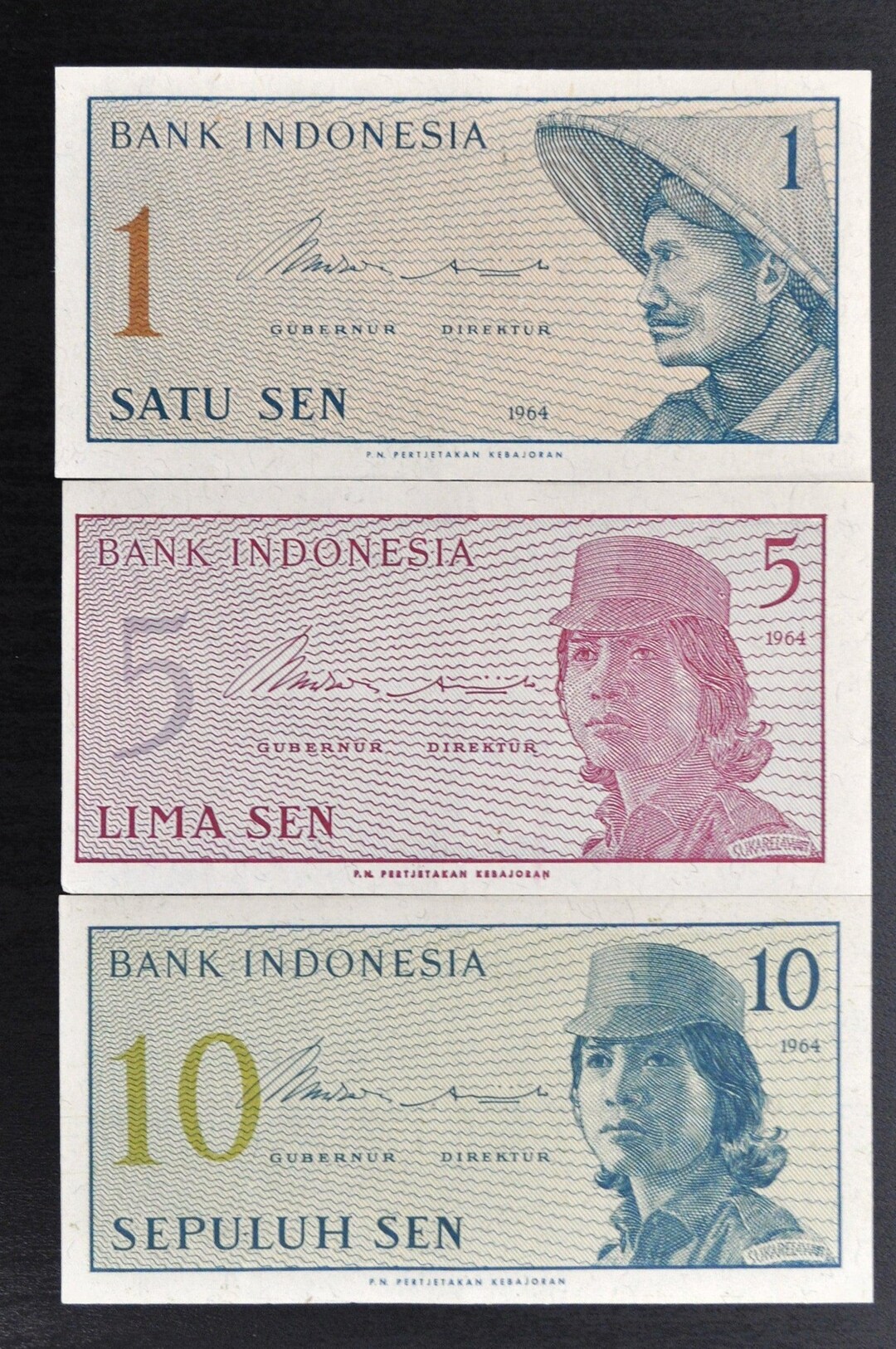Set of 3 1964 Bank Indonesia Sen Set - 1, 5, and 10 Sen - Uncirculated ...