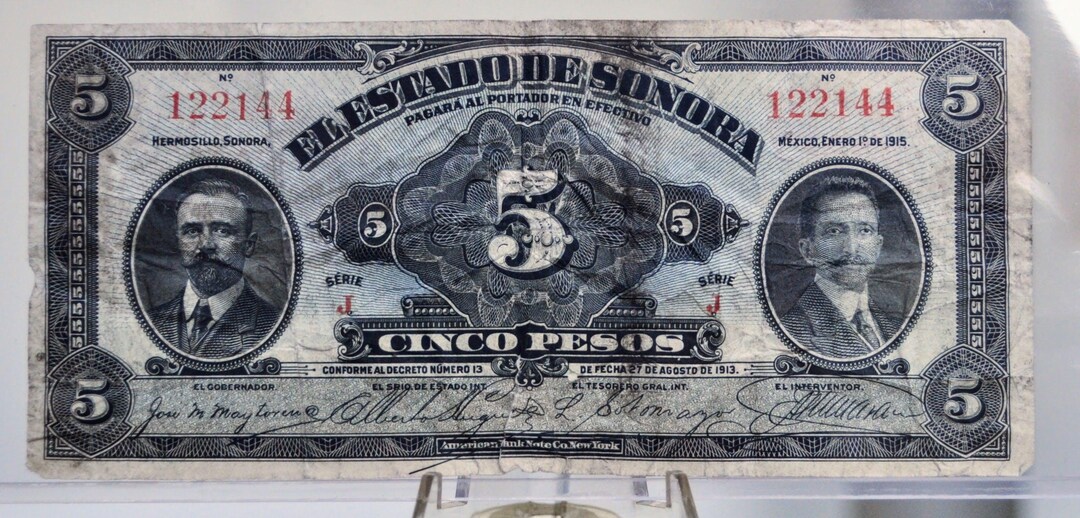 1915 Mexican Revolution 5 Pesos Sonora Note - El Estado De Sonora ...