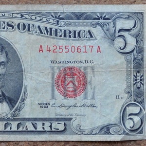 1963 5 Dollar United States Note Red Seal Fine to AU Choose - Etsy