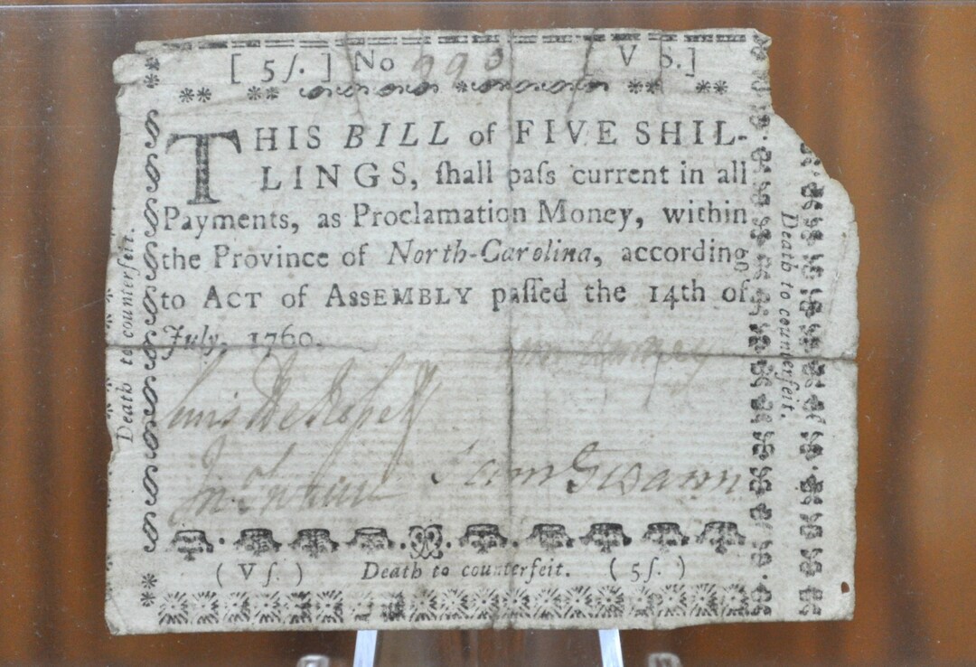Rare 1760 State of North Carolina 5 Shillings Note July 14th 1760 ...