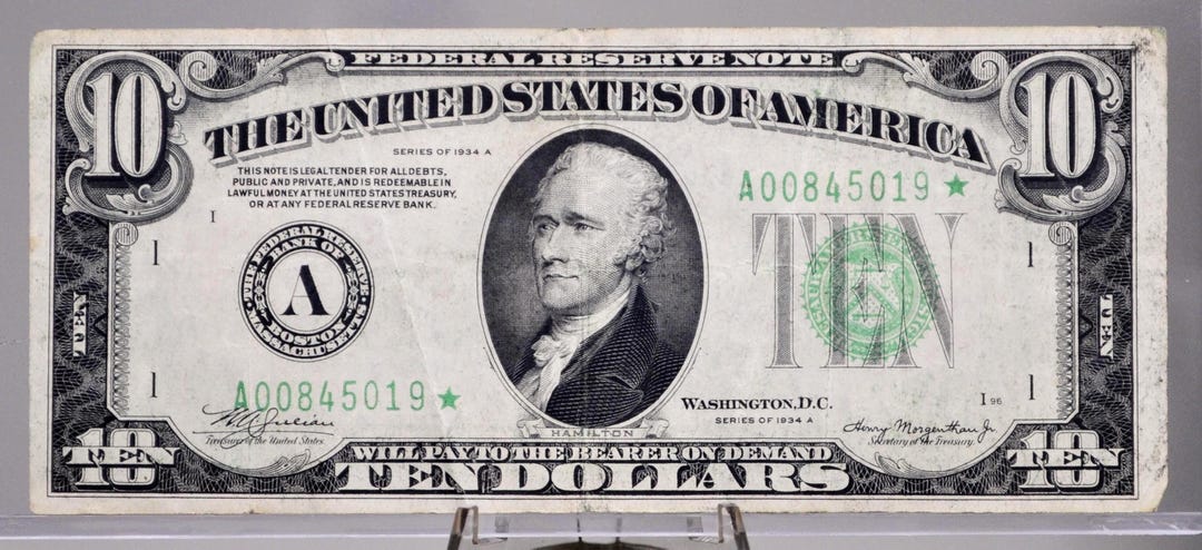 1934-A Federal Reserve 10 Dollar Star Note - Choice Very Fine (vf+ ...