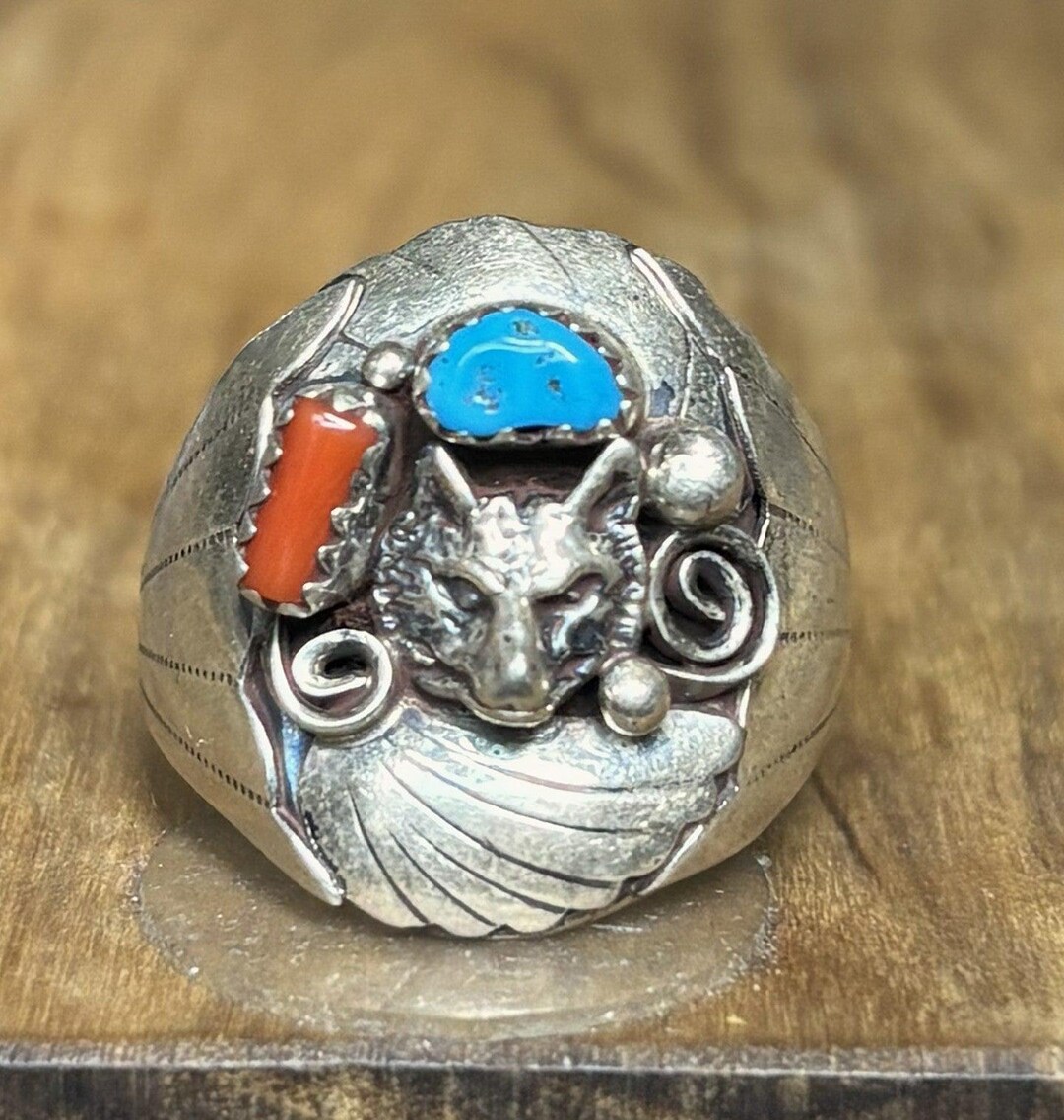 Navajo Wolf Head Ring Size 11 Sterling Silver Turquoise & Coral - Grace ...