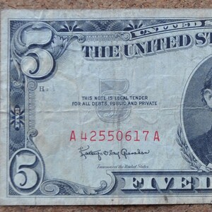 1963 5 Dollar United States Note Red Seal Fine to AU Choose - Etsy