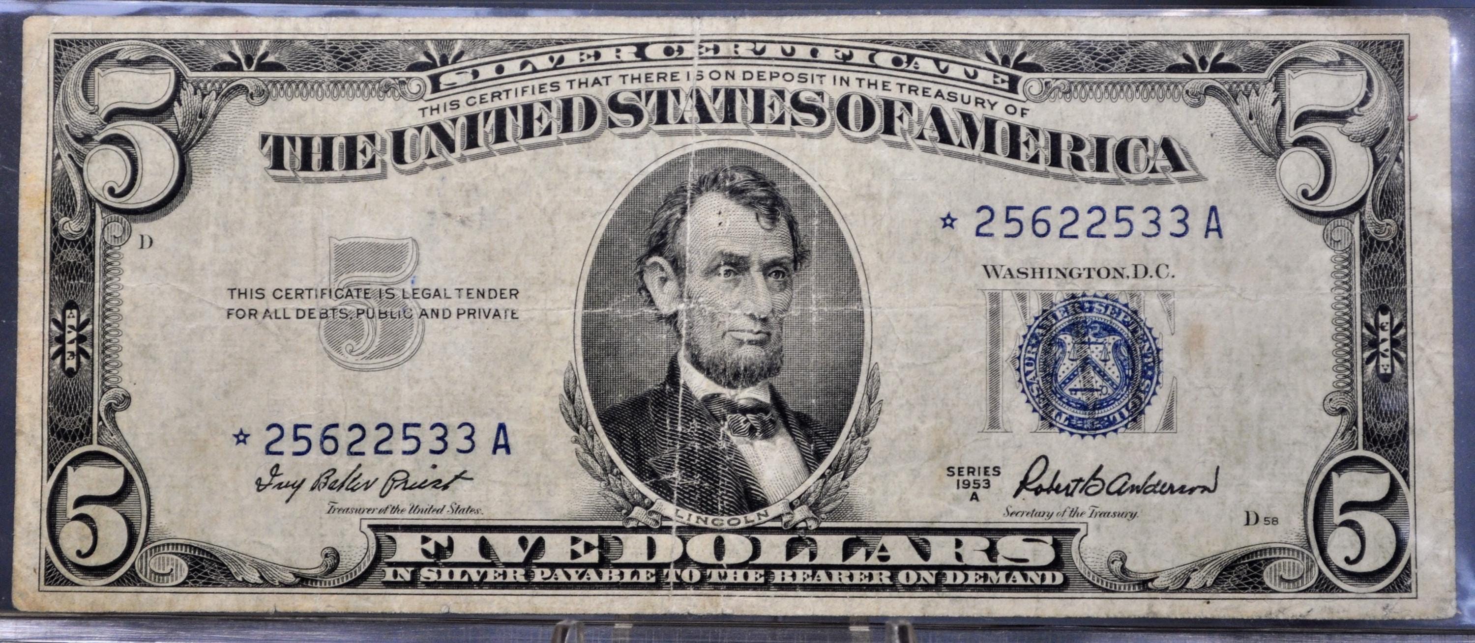 1953A Fancy Serial Number 5 Dollar Star Note Silver Cert - *25622533 ...