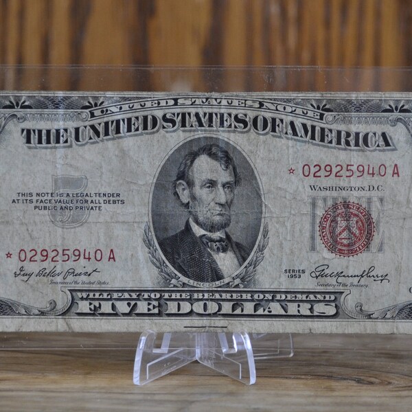 1953 Vintage Red Seal Five Dollar Star Note - Etsy