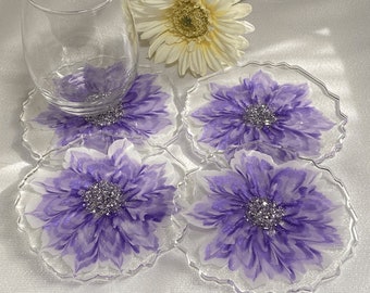 Purple 3D Flower Resin Coasters With Glitters Housewarming Home Decor ...