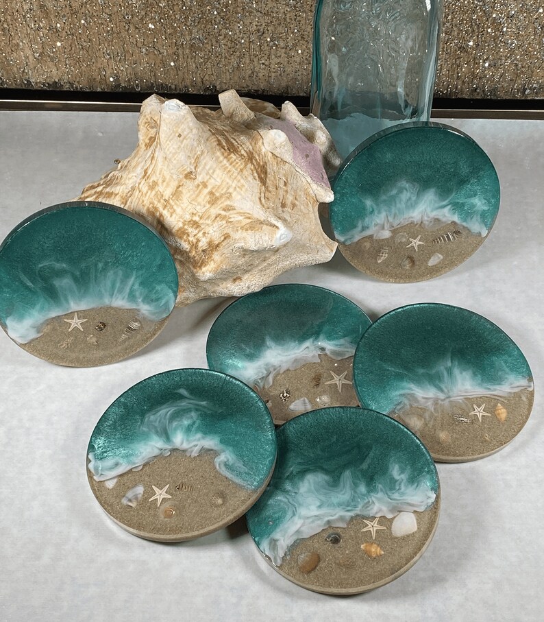 Tranquil Green Ocean Resin Coasters With Sand & Shells Beach - Etsy