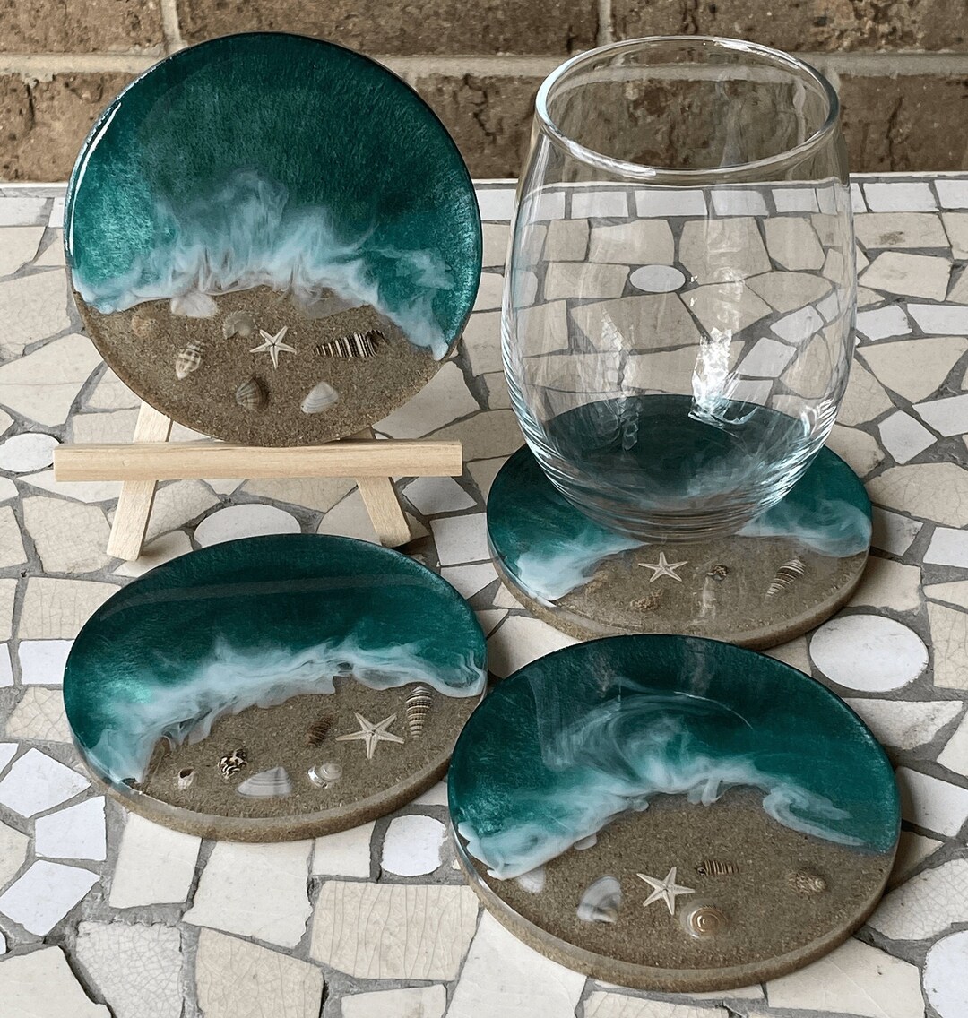 Tranquil Green Ocean Resin Coasters With Sand & Shells, Beach Waves ...