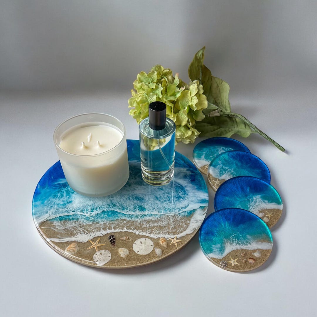 Decorative Tropical Blue Ocean Beach Waves Tray With Sand & Shells - Etsy